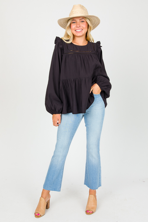 Ladder Trim Ruffle Top, Black - Sale - The Blue Door Boutique