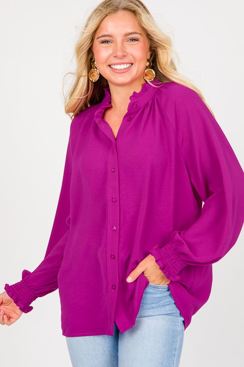 Ruffle Collar Button Top, Magenta - SALE - The Blue Door Boutique