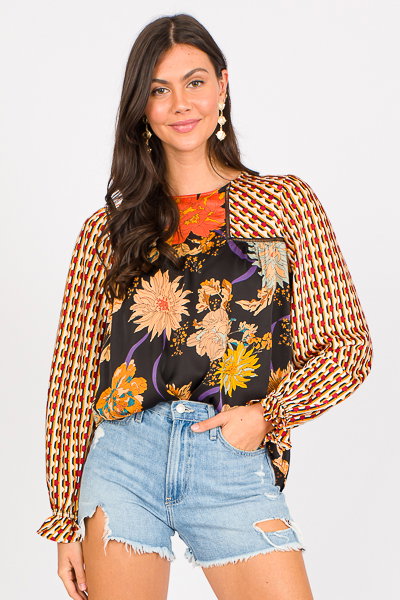 Mix Print Blooms Blouse, Black - SALE - The Blue Door Boutique