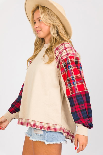 Plaid Mix Sleeves Top, Khaki - SALE - The Blue Door Boutique