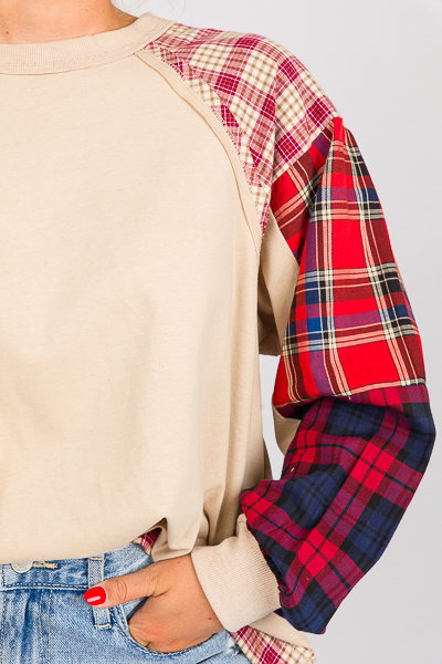 Plaid Mix Sleeves Top, Khaki - SALE - The Blue Door Boutique
