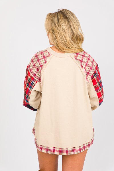 Plaid Mix Sleeves Top, Khaki - Sale - The Blue Door Boutique