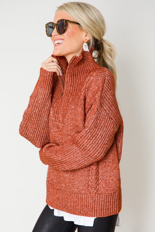 Half Zip Rib Sweater, Rust - SALE - The Blue Door Boutique