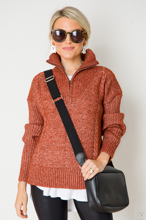 Half Zip Rib Sweater, Rust - SALE - The Blue Door Boutique