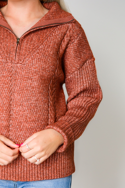 Half Zip Rib Sweater, Rust - SALE - The Blue Door Boutique