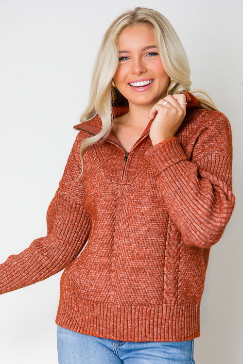 Half Zip Rib Sweater, Rust - Sale - The Blue Door Boutique