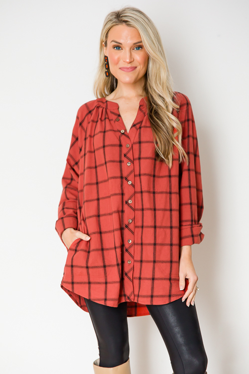 Plaid Button Up Tunic, Rust - New Arrivals - The Blue Door Boutique