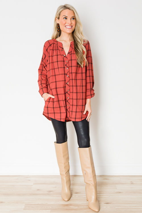 Plaid Button Up Tunic, Rust - New Arrivals - The Blue Door Boutique