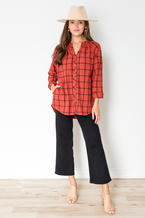 Plaid Button Up Tunic, Rust - New Arrivals - The Blue Door Boutique