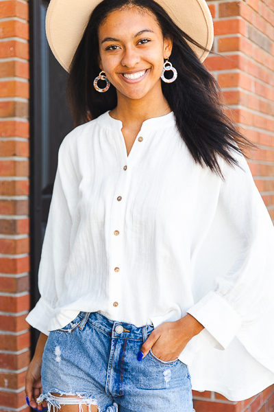 Boho Button Top, Ivory - New Arrivals - The Blue Door Boutique