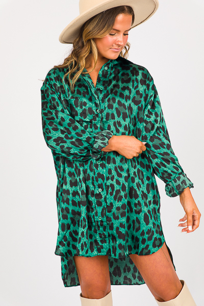 Leopard Tunic Shirt, Hunter Green - Dresses - The Blue Door Boutique