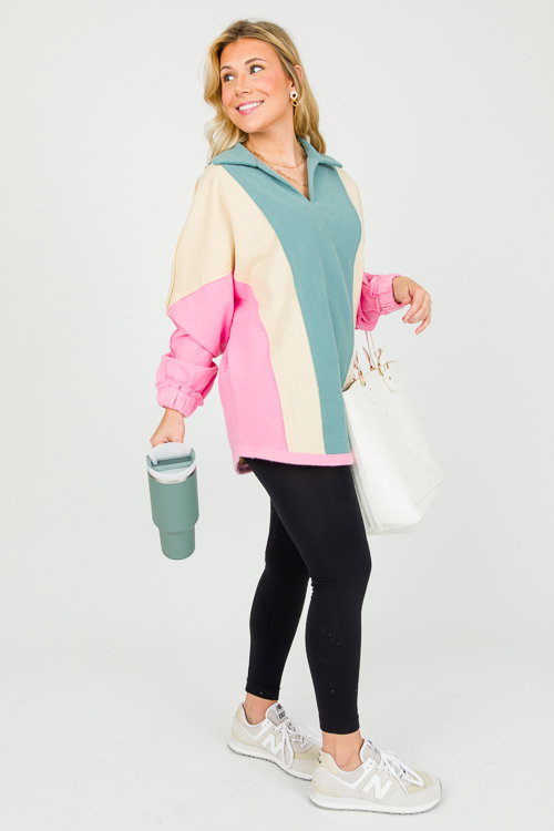 Colorblock Collar Pullover, Seafoam - Tops - The Blue Door Boutique