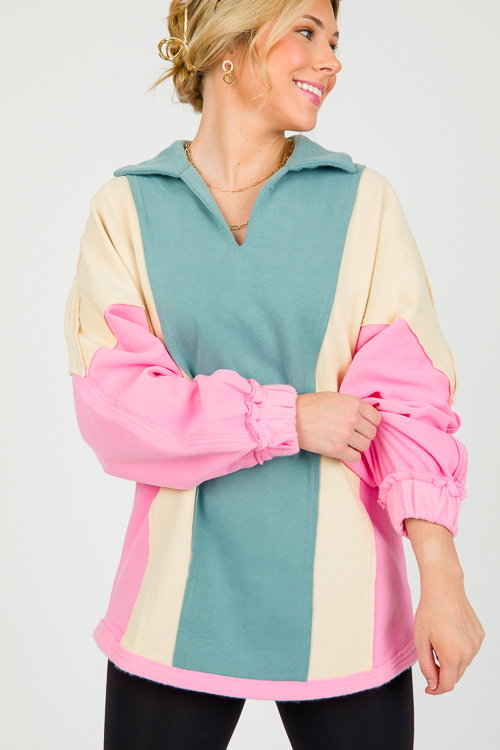 Colorblock Collar Pullover, Seafoam - Tops - The Blue Door Boutique
