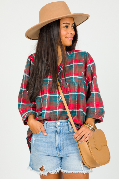 Plaid Button Top, Jade Combo - New Arrivals - The Blue Door Boutique