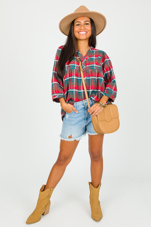 Plaid Button Top, Jade Combo - New Arrivals - The Blue Door Boutique