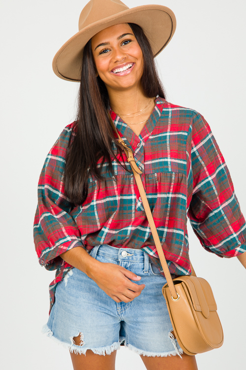 Plaid Button Top, Jade Combo - New Arrivals - The Blue Door Boutique