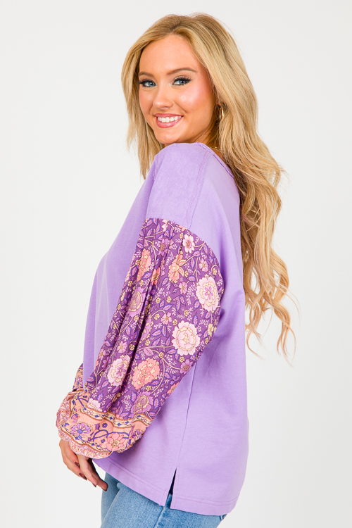 Floral Sleeves Terry Top, Lavender - New Arrivals - The Blue Door Boutique