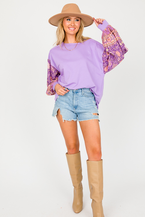 Floral Sleeves Terry Top, Lavender - New Arrivals - The Blue Door Boutique