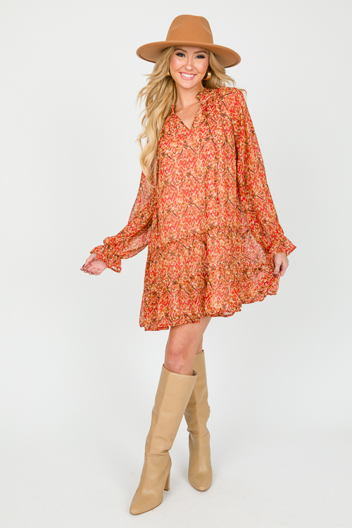 Autumn Print Dress, Rust - New Arrivals - The Blue Door Boutique