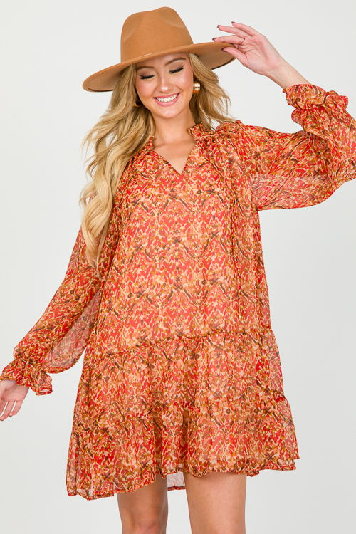 Autumn Print Dress, Rust - New Arrivals - The Blue Door Boutique