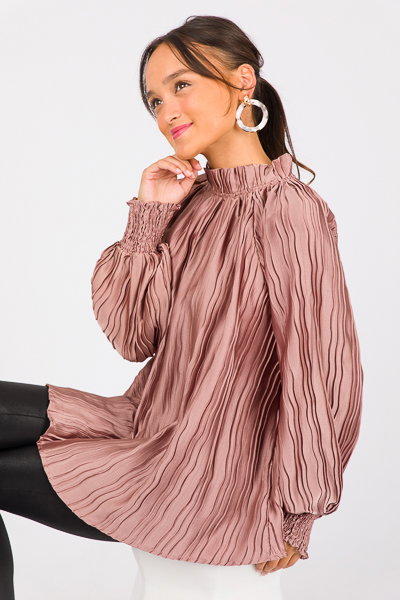 Pleat Texture Blouse, Mocha - Tops - The Blue Door Boutique