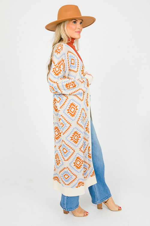 Tribal Pattern Cardigan, Blue/Rust - Tops - The Blue Door Boutique