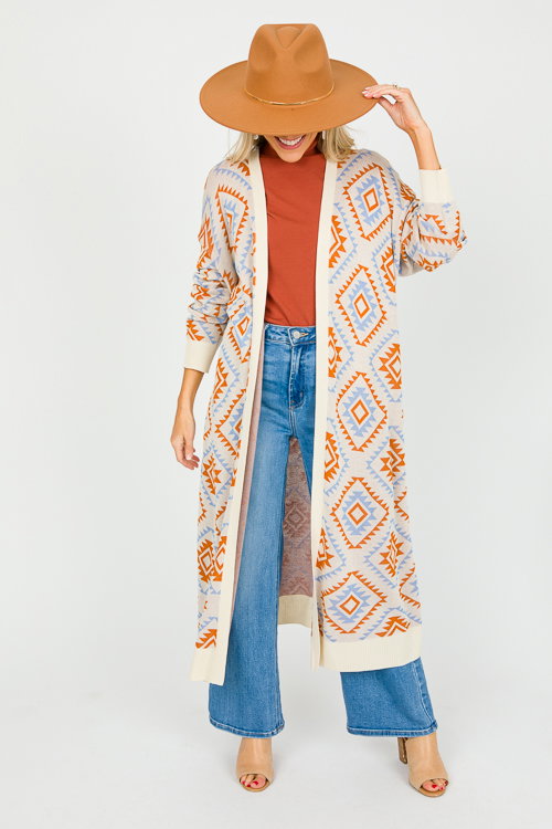 Tribal Pattern Cardigan, Blue/Rust - Tops - The Blue Door Boutique