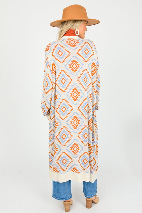 Tribal Pattern Cardigan, Blue/Rust - Tops - The Blue Door Boutique