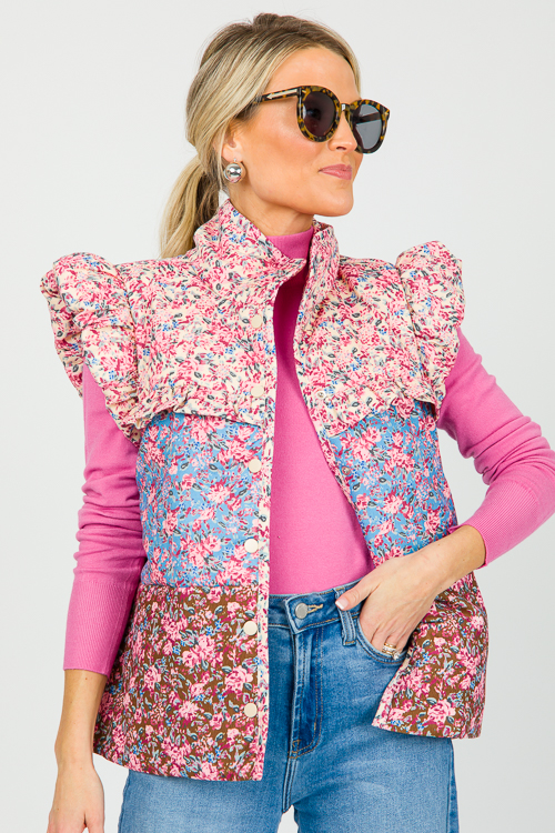 Floral Colorblock Ruffle Vest - New Arrivals - The Blue Door Boutique