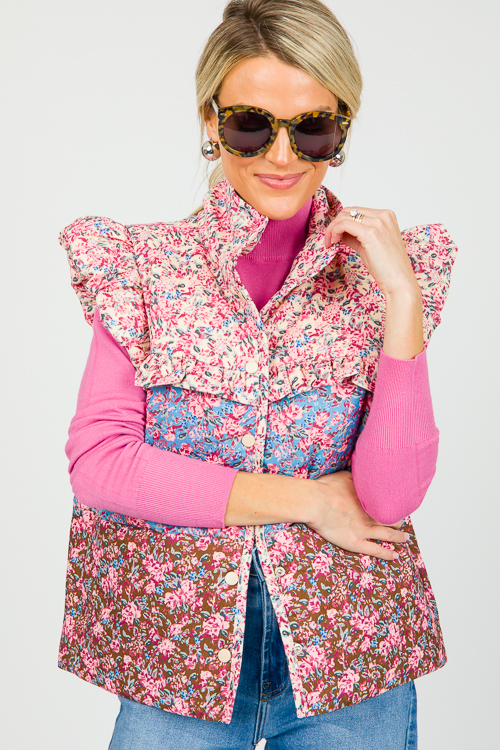 Floral Colorblock Ruffle Vest - New Arrivals - The Blue Door Boutique