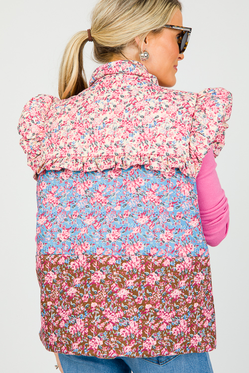 Floral Colorblock Ruffle Vest - New Arrivals - The Blue Door Boutique