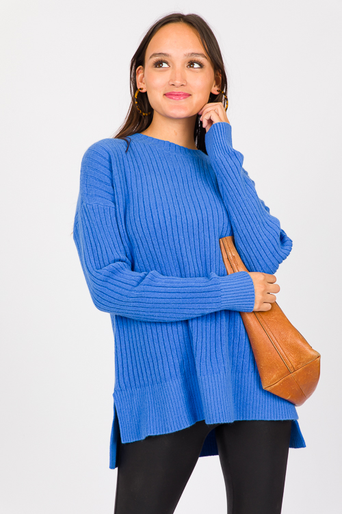 Rib Round Neck Sweater, Cobalt - New Arrivals - The Blue Door Boutique