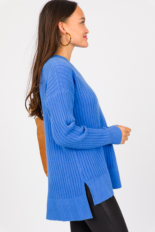 Rib Round Neck Sweater, Cobalt - New Arrivals - The Blue Door Boutique