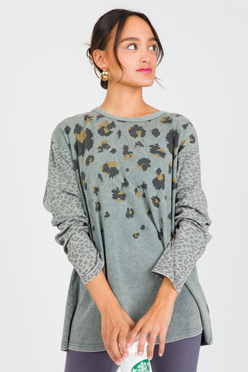 Double Cheetah Knit Top, Grey - New Arrivals - The Blue Door Boutique