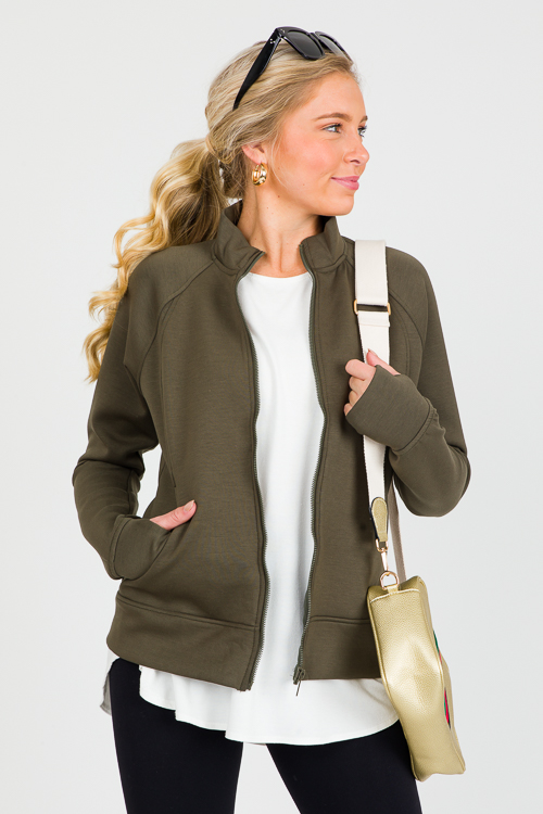 Ponte Zip Jacket, Olive - New Arrivals - The Blue Door Boutique