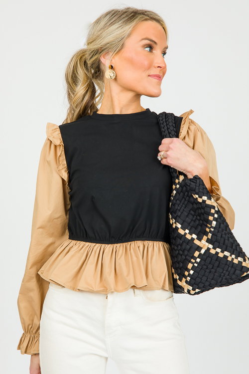 Poplin Contrast Top, Black/Tan - Tops - The Blue Door Boutique