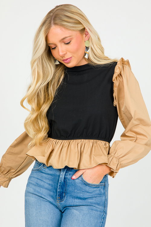 Poplin Contrast Top, Black/Tan - Tops - The Blue Door Boutique