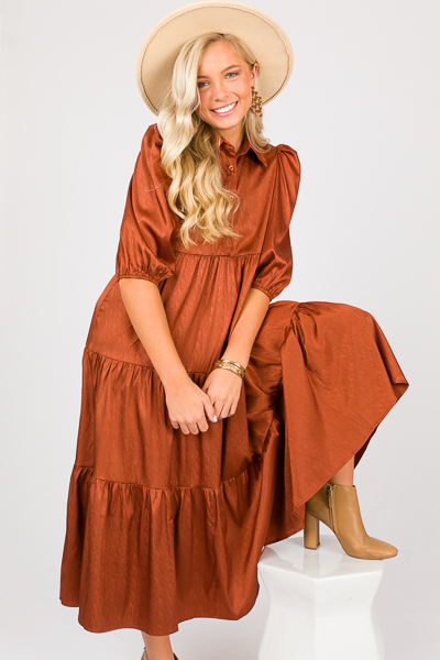 Satin Texture Maxi, Camel - Dresses - The Blue Door Boutique