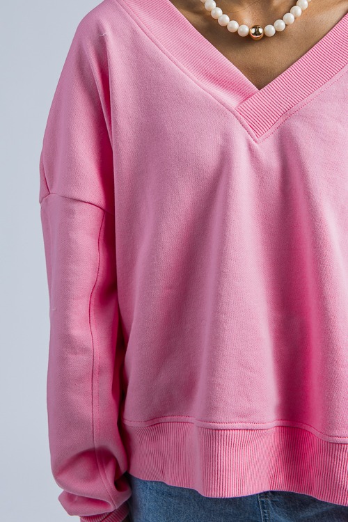 V-Neck Sweatshirt, Pink - New Arrivals - The Blue Door Boutique