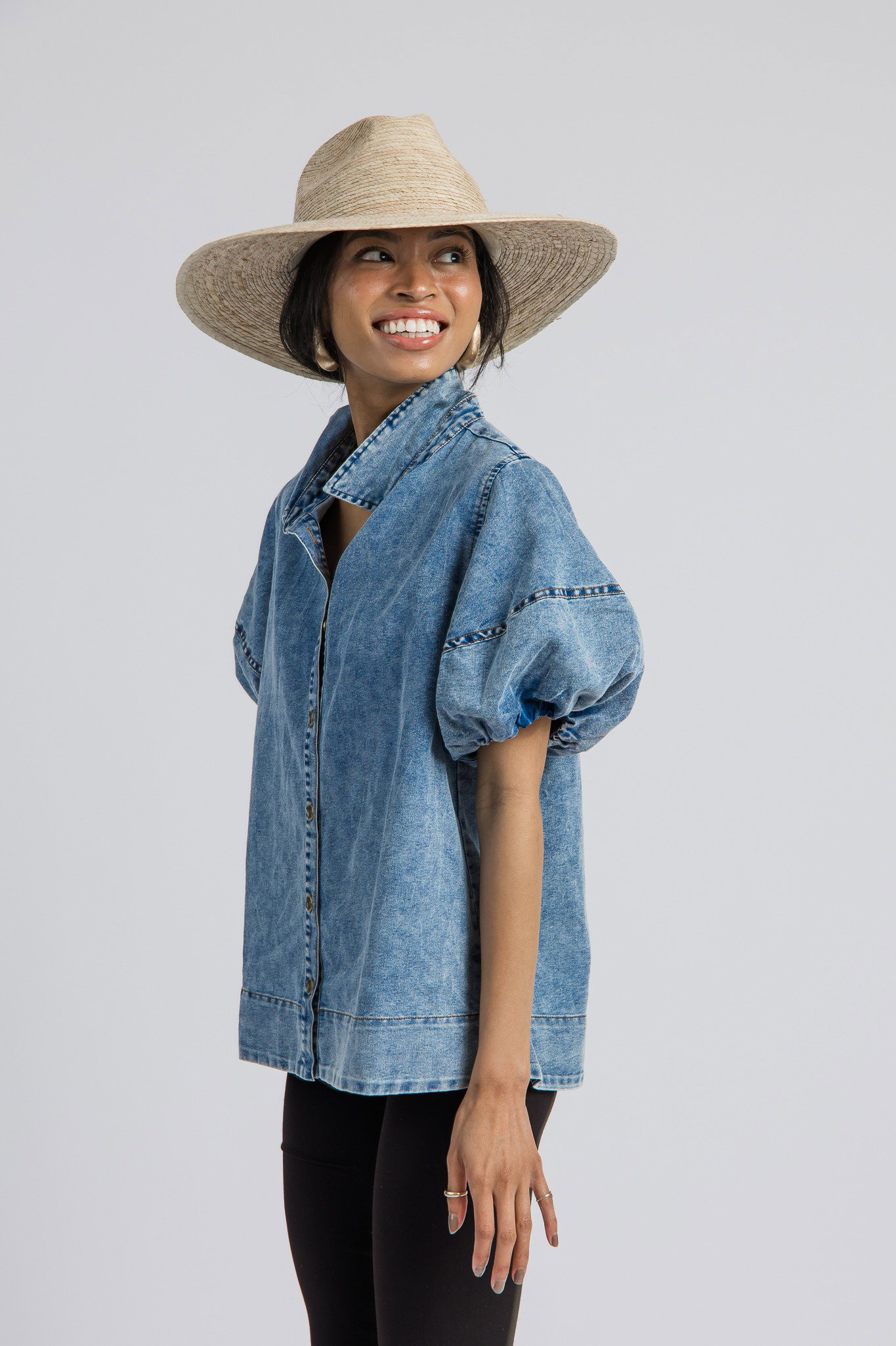 Puff Sleeve Denim Shirt - Tops - The Blue Door Boutique