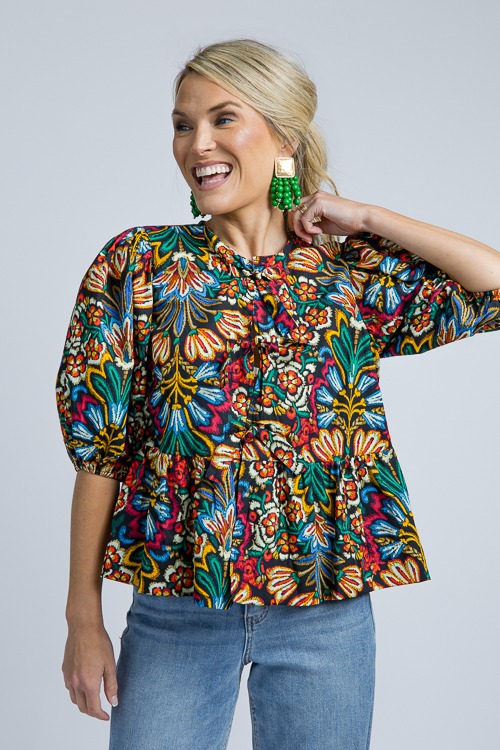 Bold Floral Bow Top, Black Multi - New Arrivals - The Blue Door Boutique