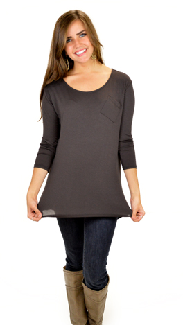Angled Pocket Tee, Brown - Tops - The Blue Door Boutique