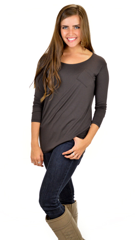 Angled Pocket Tee, Brown - Tops - The Blue Door Boutique