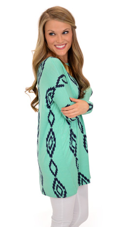 Box Tunic, Mint Aztec - Tops - The Blue Door Boutique