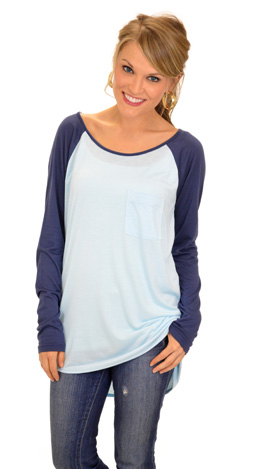 Raglan Pocket Tee, Blue - Tops - The Blue Door Boutique