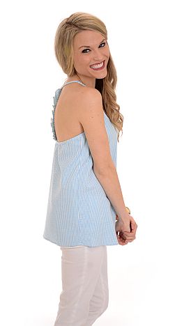 Seersucker Ruffle Back Tank, Blue - SALE - The Blue Door Boutique