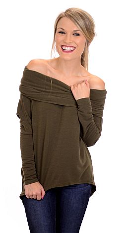 French Terry Cowl Neck, Olive - Tops - The Blue Door Boutique