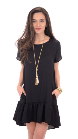 Ruffle Bottom Dress, Black - The Blue Door Boutique