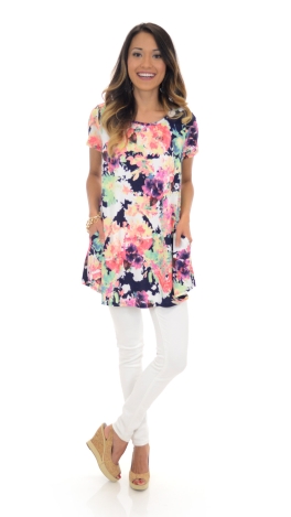 Slinky Pocket Frock, Navy Floral - Tops - The Blue Door Boutique
