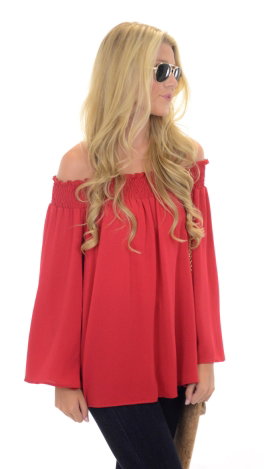 Off-Shoulder Solid Top, Red - Tops - The Blue Door Boutique